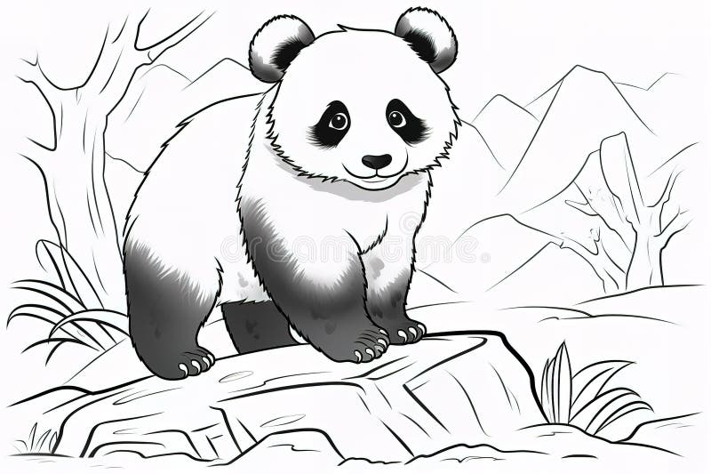 Kids Coloring Book Image, Panda Cub, Basic Line Drawing, Simple Image ...