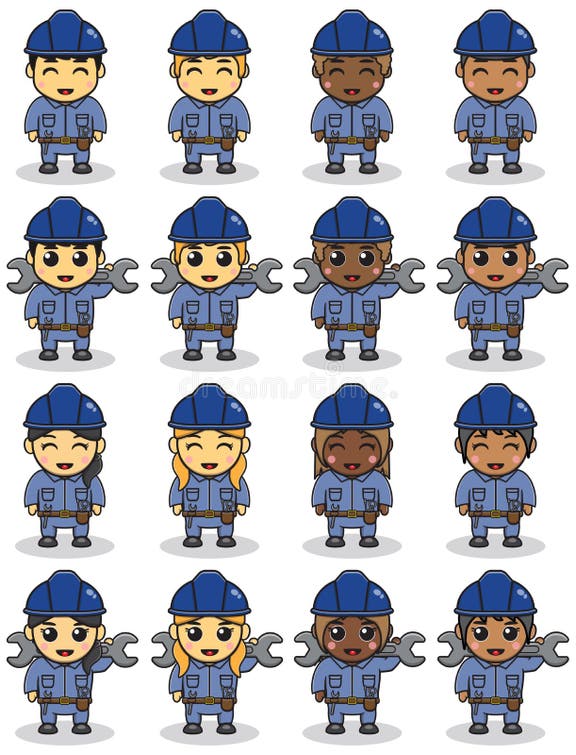 Vector Illustration of Cute Technician Cartoon Set. Stock Vector ...