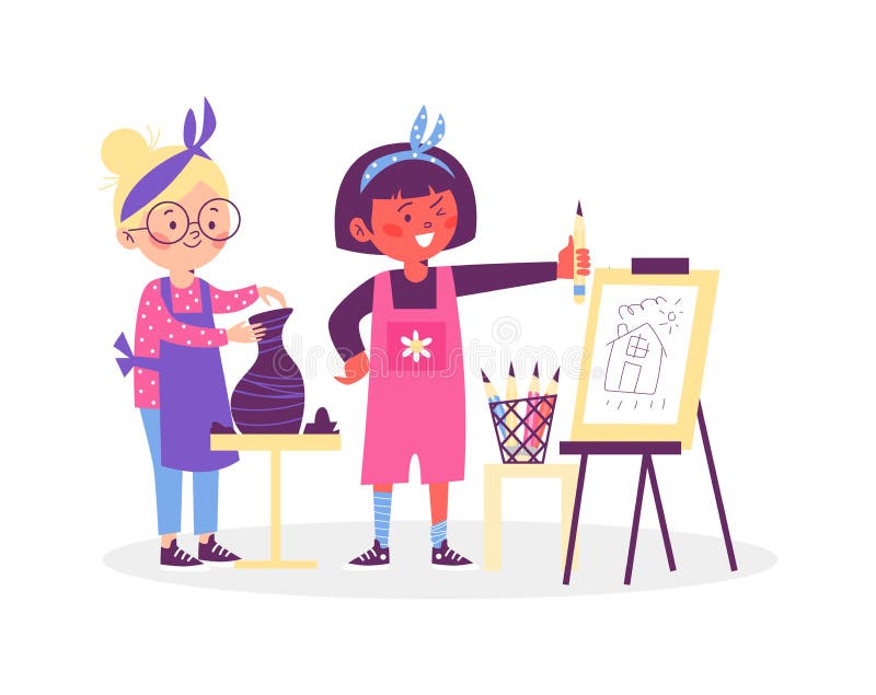 Kids Craft Lessons with Children Characters, Flat Vector Illustration ...