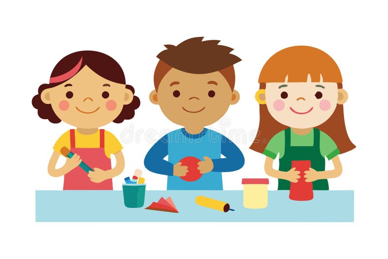 Kids Crafting and Making Art Projects Stock Illustration - Illustration ...