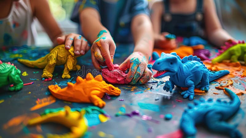Kids Create Dinosaurs with Modeling Clay of Different Colors. Focus ...