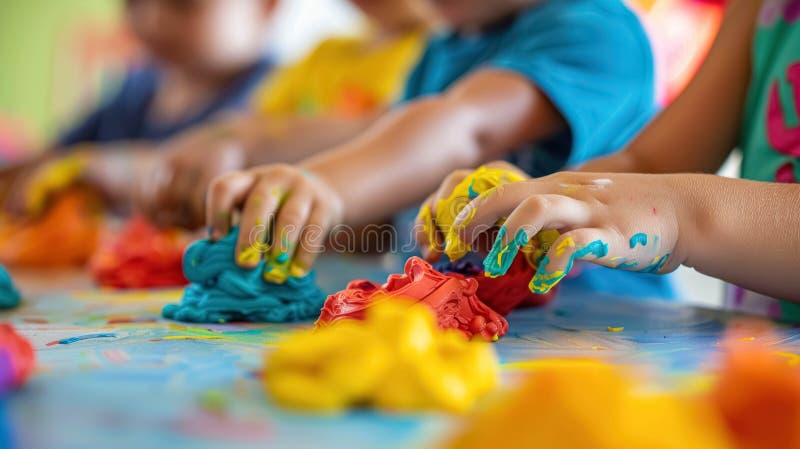 Kids Create Things with Modeling Clay of Different Colors. Focus View ...