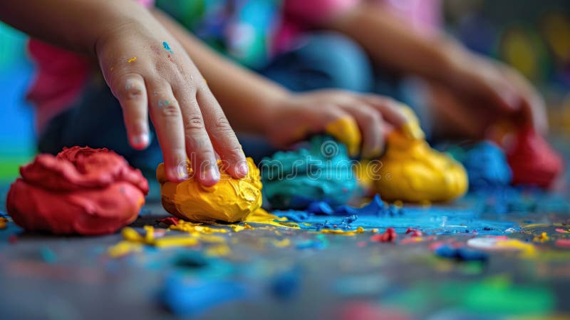 Kids Create Things with Modeling Clay of Different Colors. Focus View ...