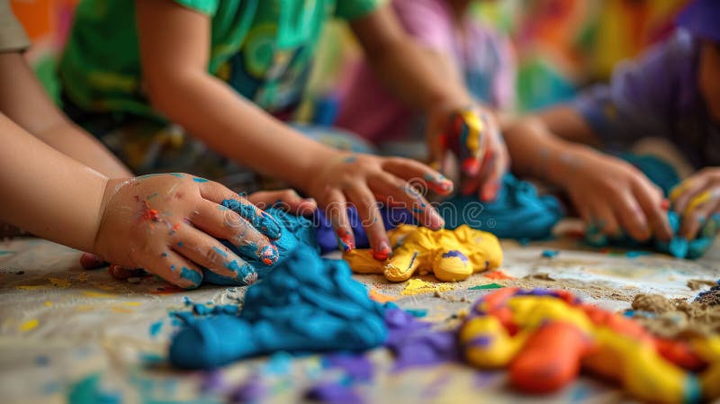 Kids Create Things with Modeling Clay of Different Colors. Focus View ...