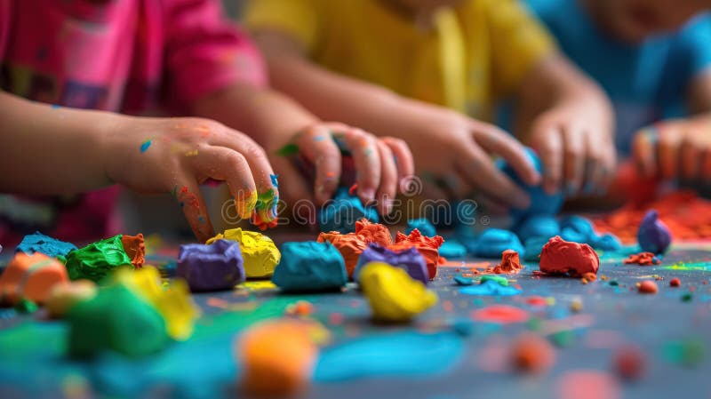 Kids Create Things with Modeling Clay of Different Colors. Focus View ...