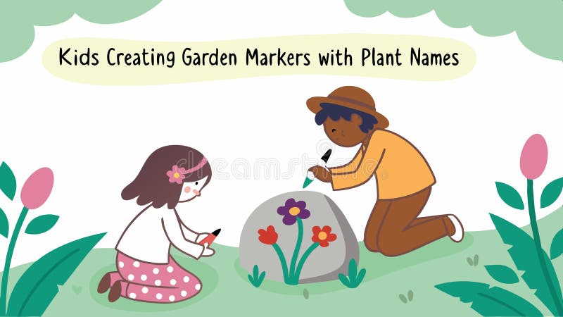 Kids Creating Garden Signs with Plant Facts, Educational Tool Vector ...