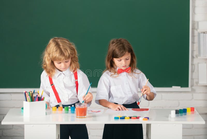 Kids Creative Growth. Portrait School Kids Doing Art Homework. Children ...