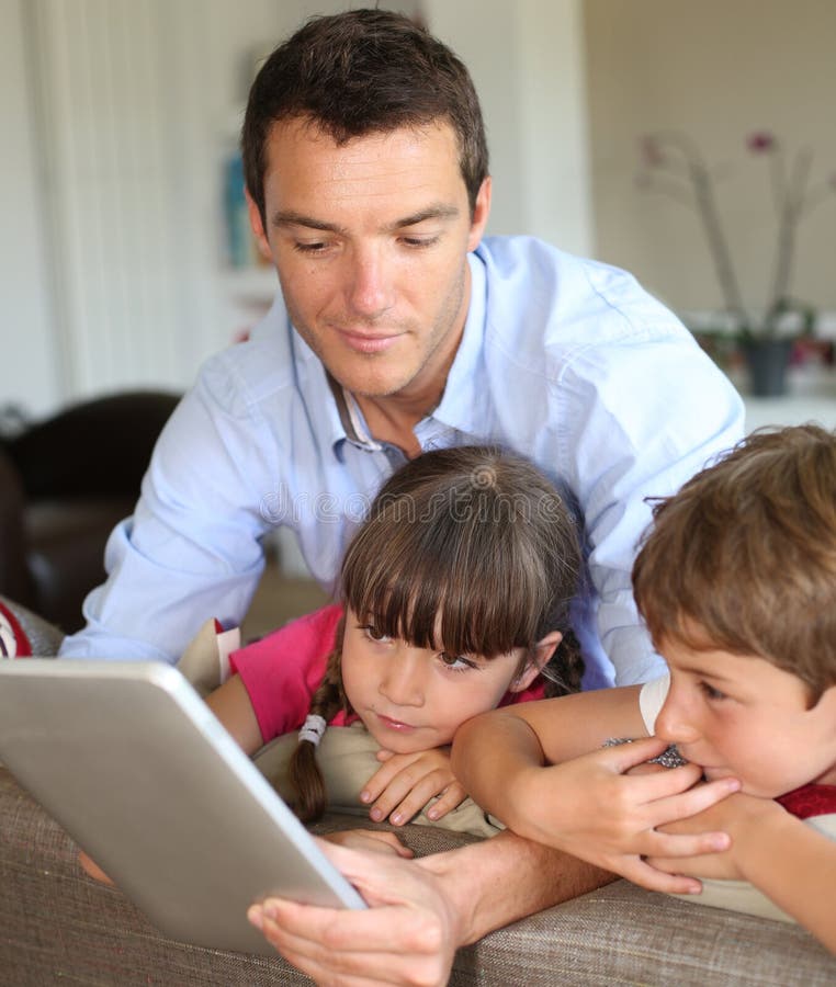 Kids an Dad Playing with Digital Tablet Stock Image - Image of computer ...
