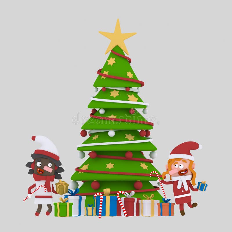 Kids decorating tree. 3D stock illustration. Illustration of background ...