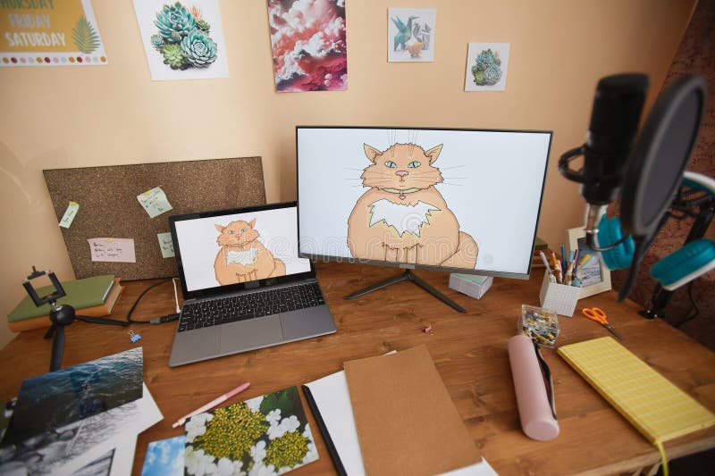 Kids Desk with Computer and School Supplies on Wooden Table Stock Photo ...