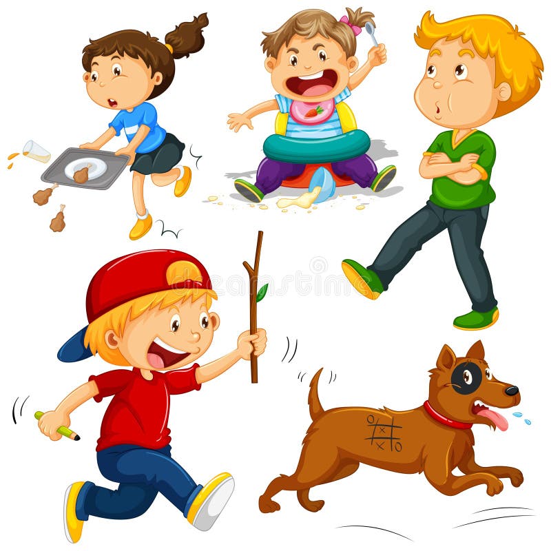 Friendly and Hostile Kids Playing Together Vector Illustrations Set ...
