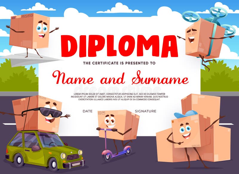 Kids Diploma Cartoon Package Box Characters Frame Stock Vector ...