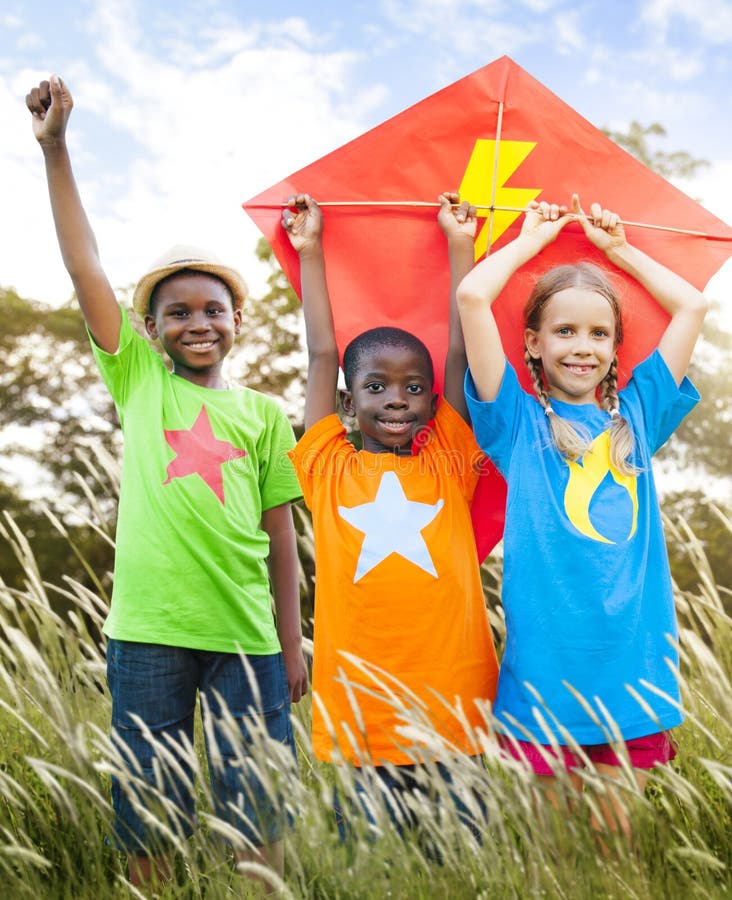 Kids Diverse Playing Kite Field Young Concept Stock Image - Image of ...