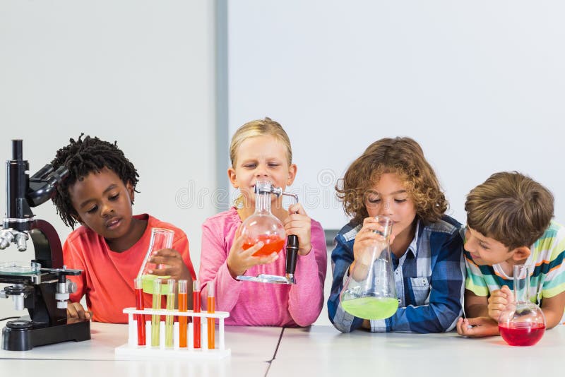 Kids Doing a Chemical Experiment in Laboratory Stock Image - Image of ...