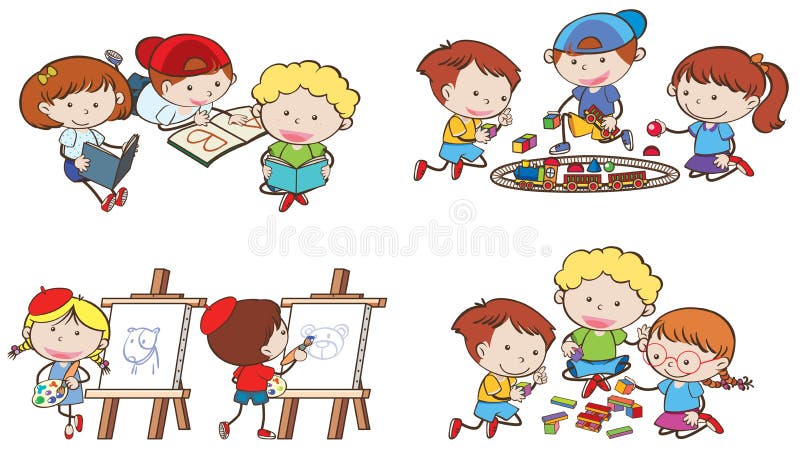 Kids Doing Different Activities In Kindergarten Stock Vector ...