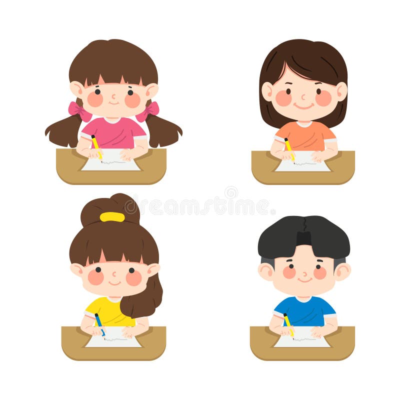 Kids Doing Her Homework and Writing Set Stock Vector - Illustration of ...