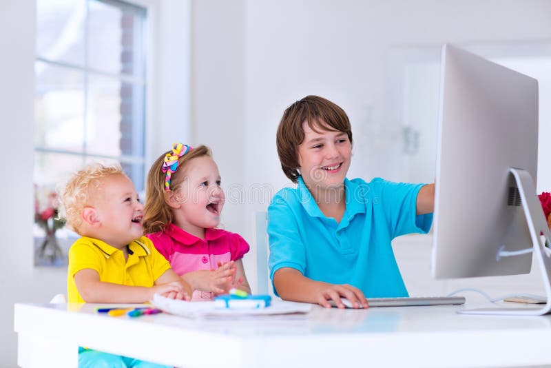 Kids Doing Homework with Modern Computer Stock Photo - Image of ...