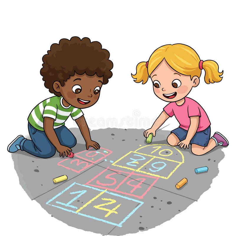 Kids Drawing Hopscotch with Chalk Illustration Stock Vector ...