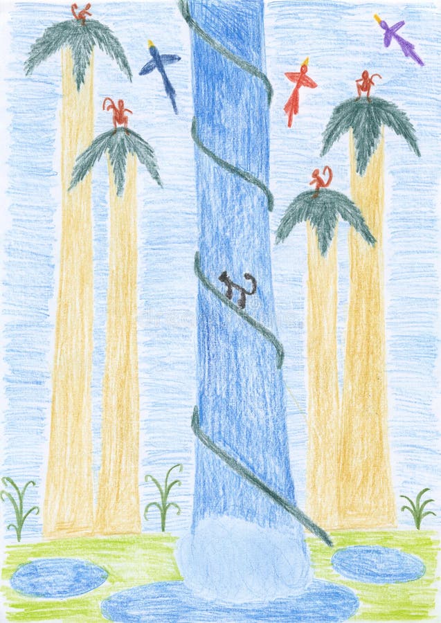 Kids Drawing - Tropical Waterfall Stock Illustration - Illustration of ...