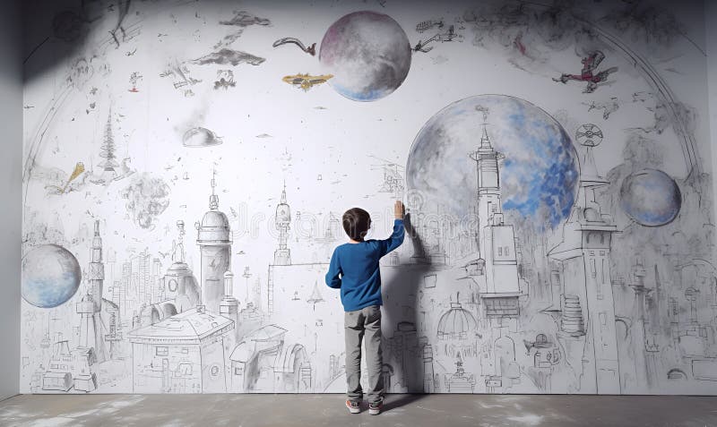 Kids Drawing on the Wall, Ai Generative Stock Illustration ...