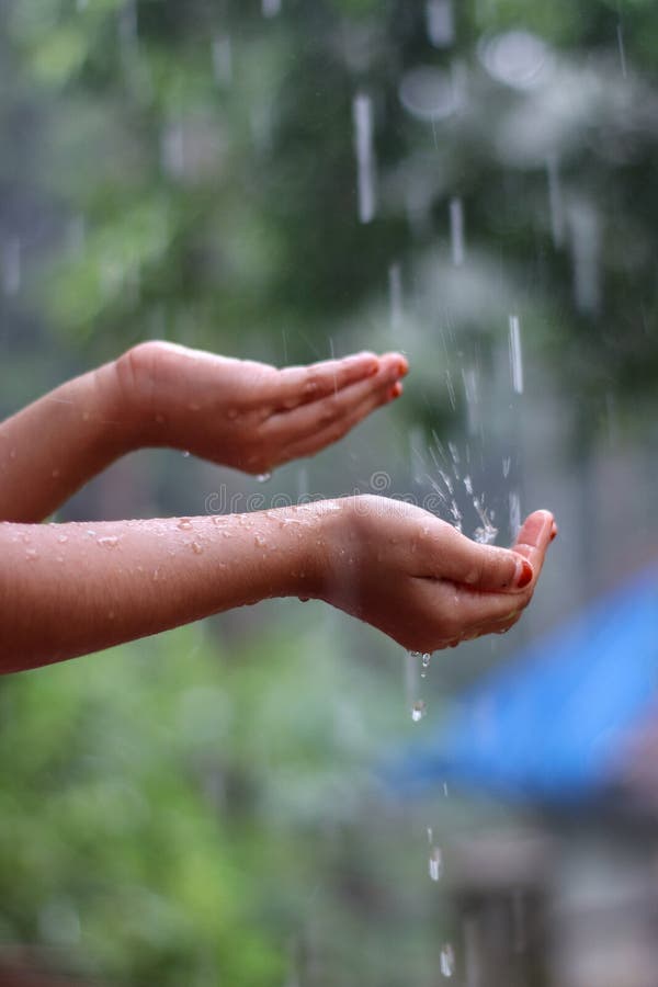 Kids Drizzling Hands in Rain Water Stock Image - Image of rain ...