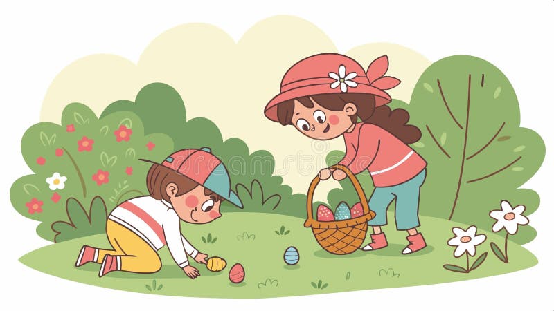 Kids Easter Egg Hunt, Children Finding Eggs in Spring Garden Vector ...