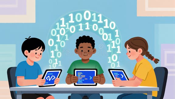 Kids Engaged in Fun Coding Activity with Tablets and Binary Code Stock ...