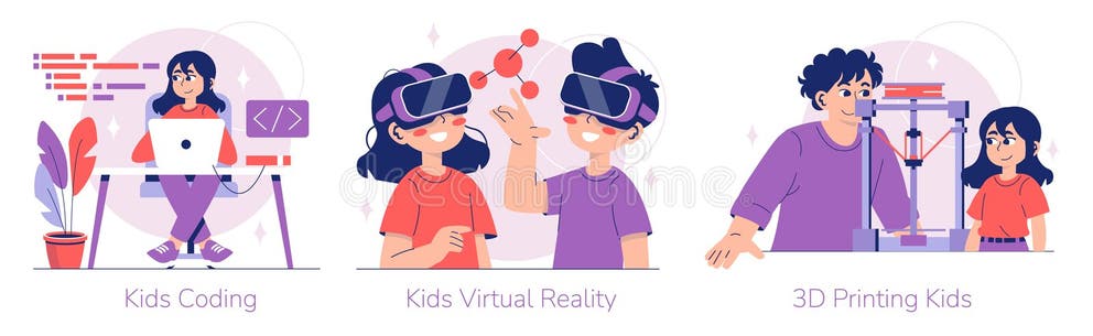 Kids Exploring Coding, Virtual Reality Stock Vector - Illustration of ...