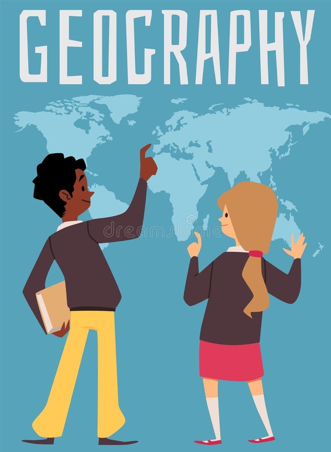 Kids Exploring World Map during Geography Class, Poster Template - Flat ...