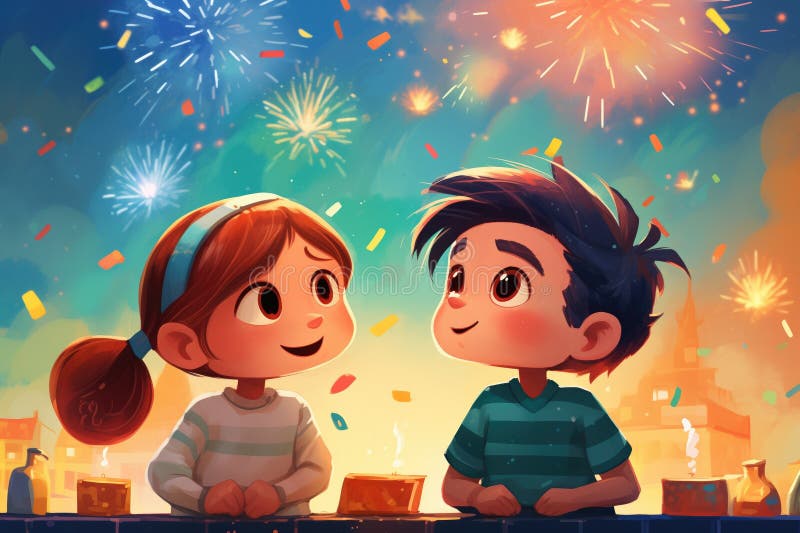 Kids with Eyes Wide Open Watching Colorful Fireworks Stock Illustration ...