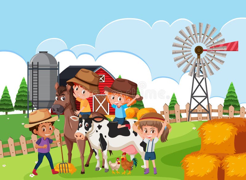 Kids in farm scene stock vector. Illustration of background - 149494517