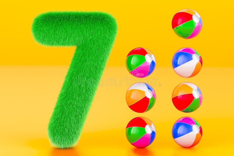 Kids Fluffy Number 7 with Seven Beach Balls, 3D Rendering Stock ...