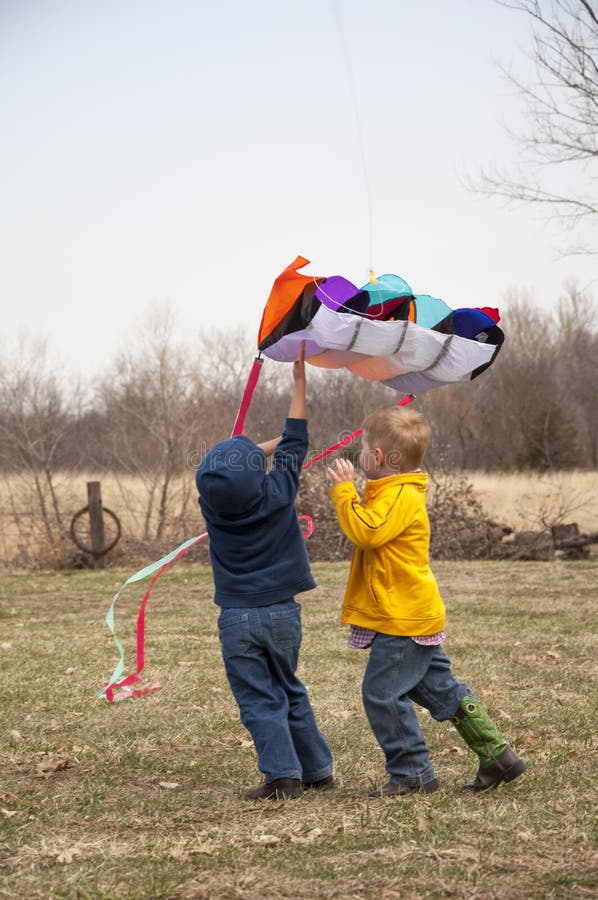 Kids flying kite stock image. Image of brothers, working - 39362095