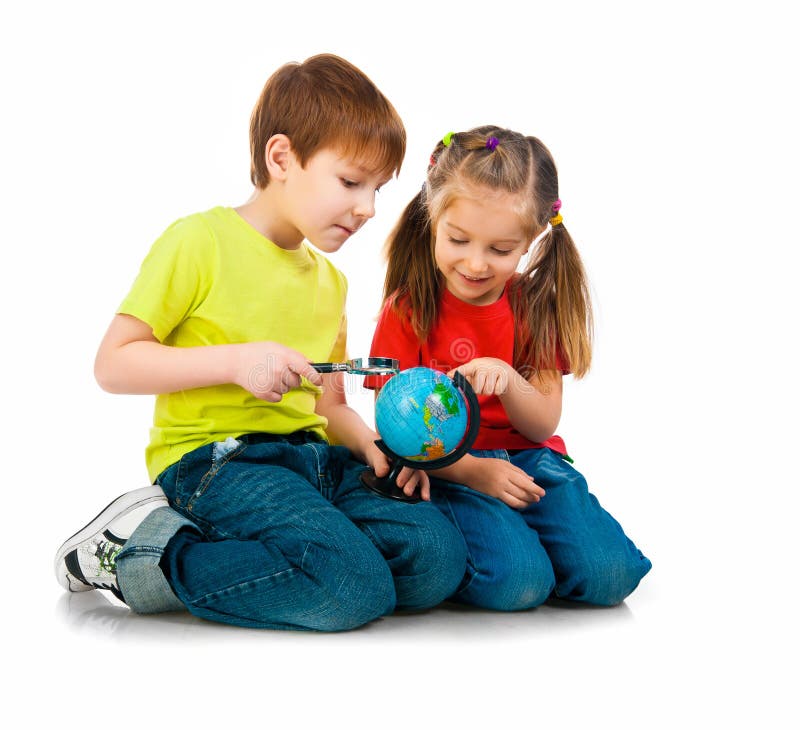 Kids with a Globe of the World Stock Image - Image of look, pretty ...