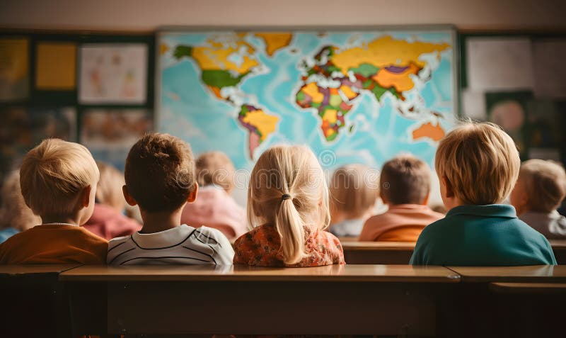 Kids Going Back To School in a Happy Colorful Classroom Stock ...