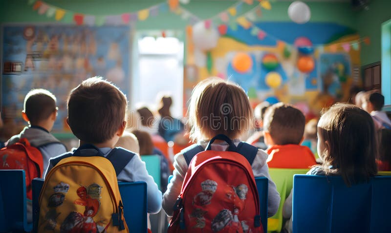 Kids Going Back To School in a Happy Colorful Classroom Stock ...