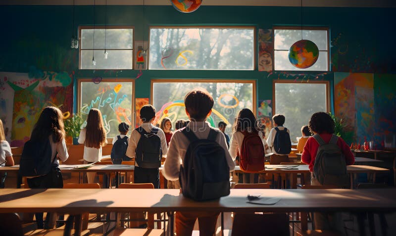 Kids Going Back To School in a Happy Colorful Classroom Stock ...