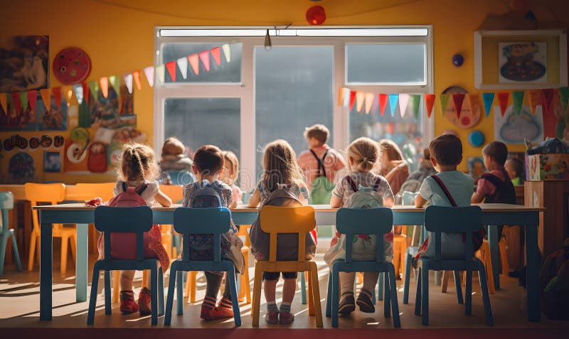 Kids Going Back To School in a Happy Colorful Classroom Stock ...
