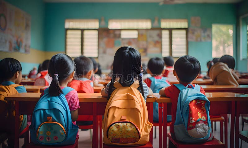 Kids Going Back To School in a Happy Colorful Classroom Stock ...