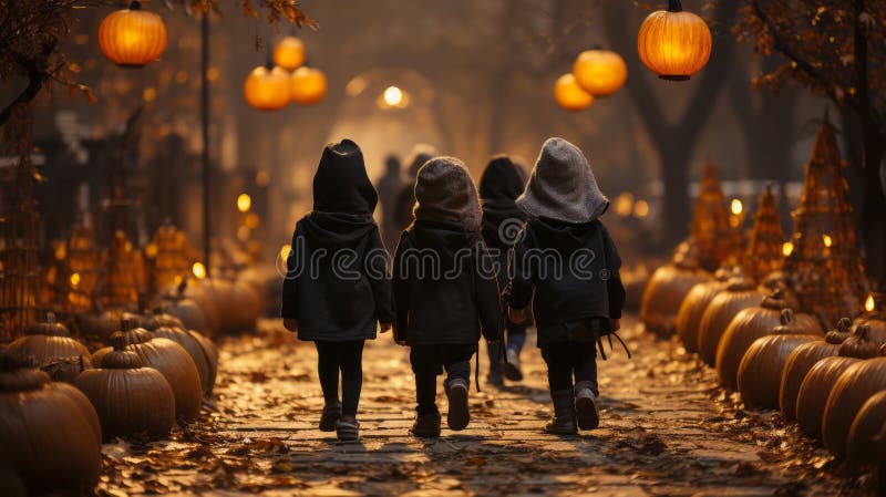 Kids at Halloween Celebration Back View. Generative AI. Stock ...