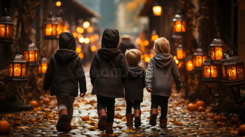 Kids at Halloween Celebration Back View. Generative AI. Stock ...