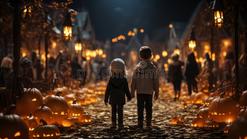 Kids at Halloween Celebration Back View. Generative AI. Stock ...