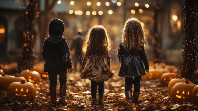 Kids at Halloween Celebration Back View. Generative AI. Stock ...