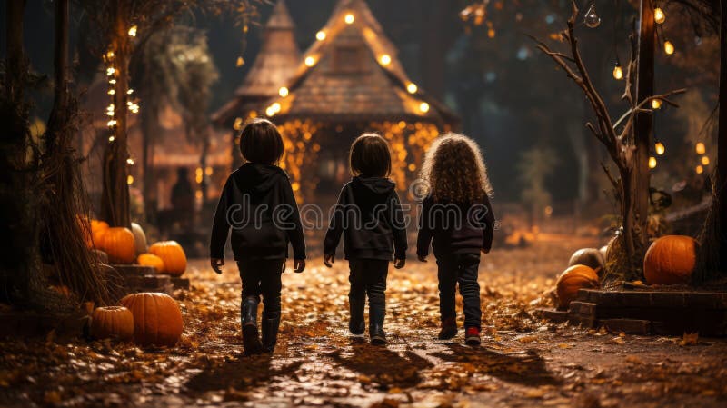 Kids at Halloween Celebration Back View. Generative AI. Stock ...