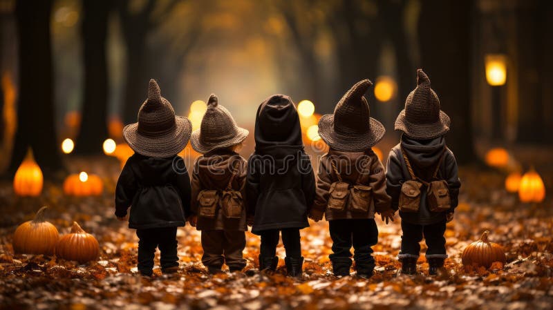 Kids at Halloween Celebration Back View. Generative AI. Stock ...
