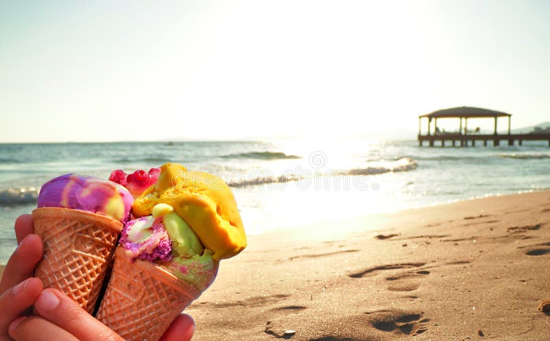 Kids Hands Holding Ice Cream on the Beach Stock Image - Image of fresh ...