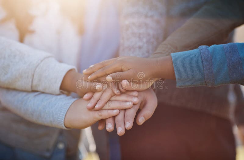 Kids, Hands and Outdoor Stack at School, Students and Motivation for ...