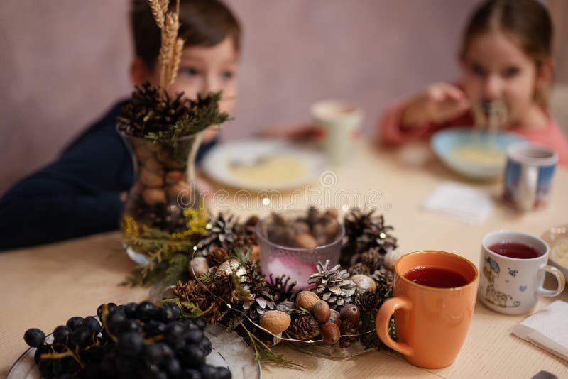 Kids Have Dinner Together in the Kitchen. Christmas Table Stock Image ...