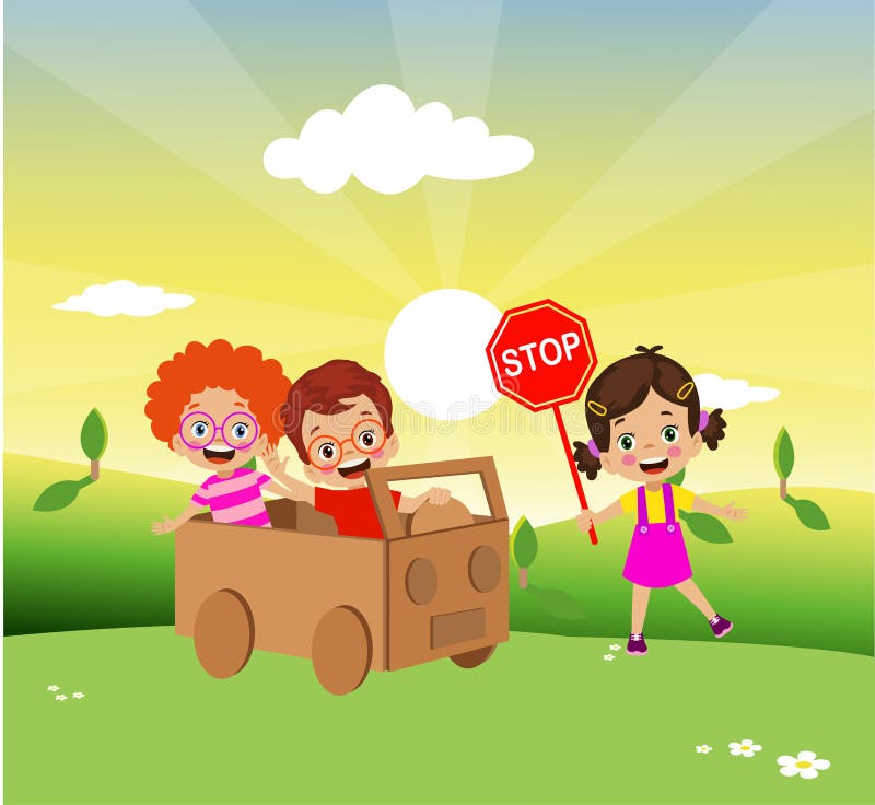 Kids Having Fun with Toy Car Out of Cardboard Box Stock Illustration ...