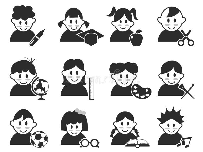 Kids Head with Education Icons Set Stock Vector - Illustration of black ...